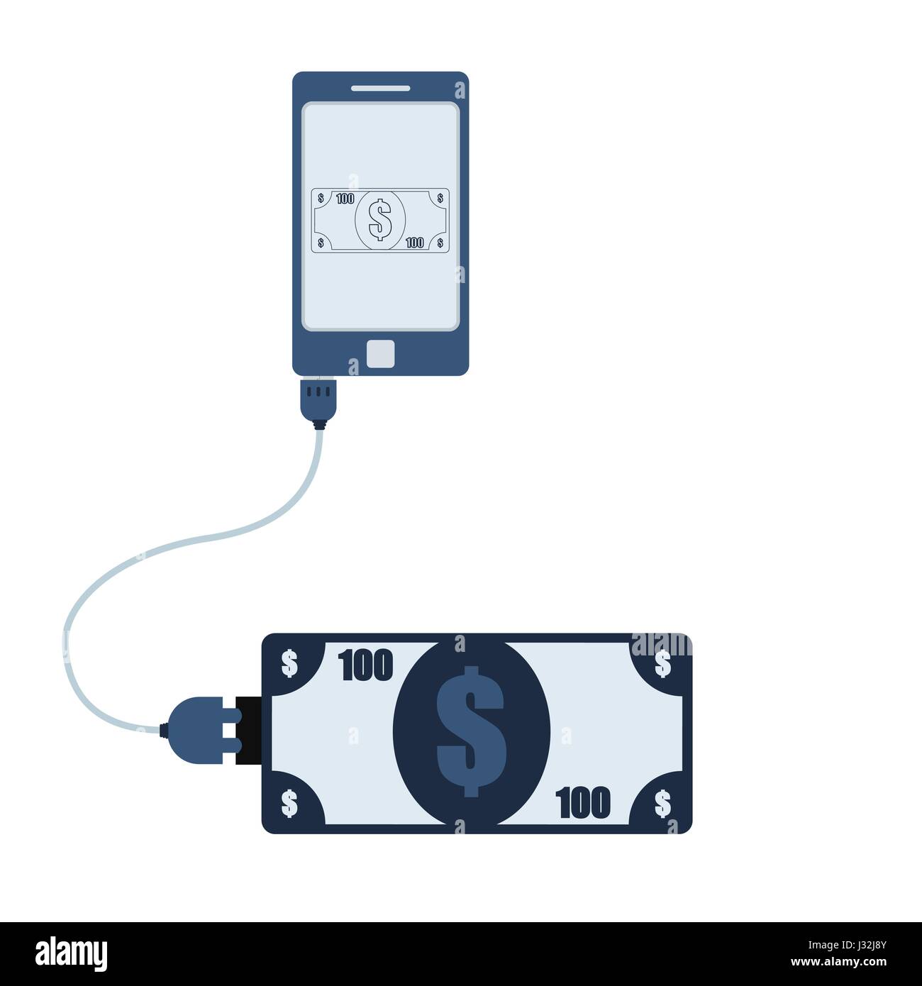 Money connected to a cell phone through a usb cable. Outline of the ...