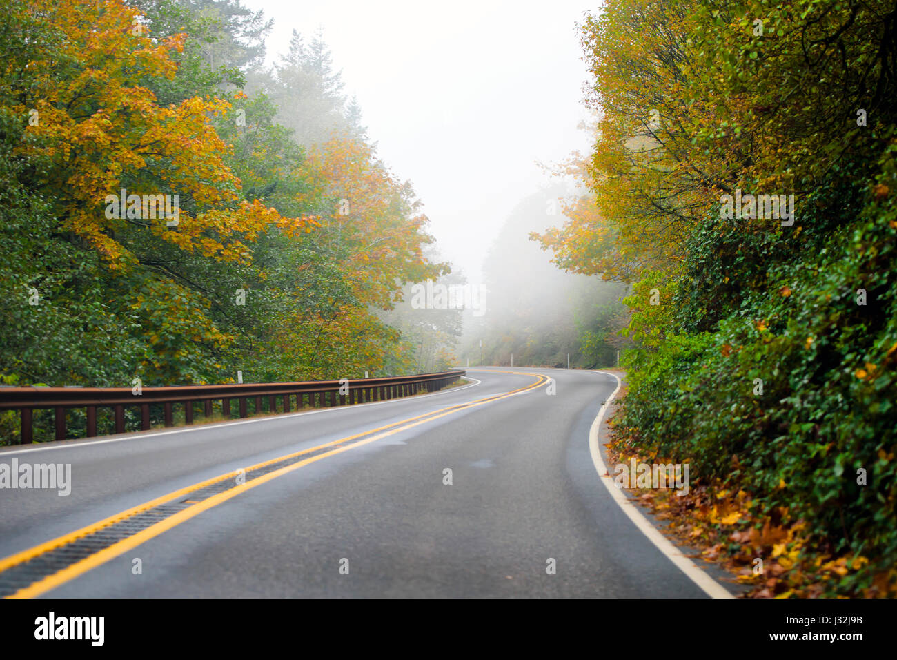Winding autumn highway with two lanes and a dividing strip and metal ...