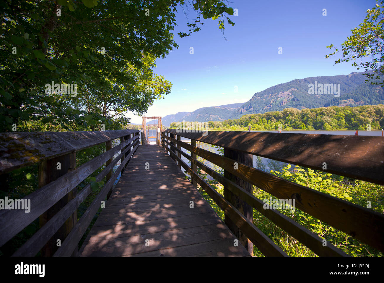 Wooden boards shalt platform with railings leading to the river to the ...