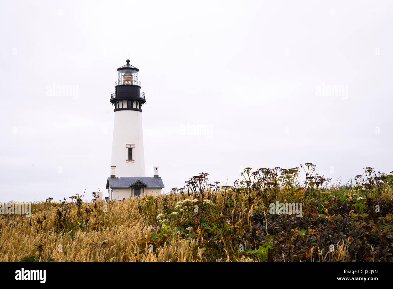 White round working lighthouse on the Pacific coast with flashlight at ...