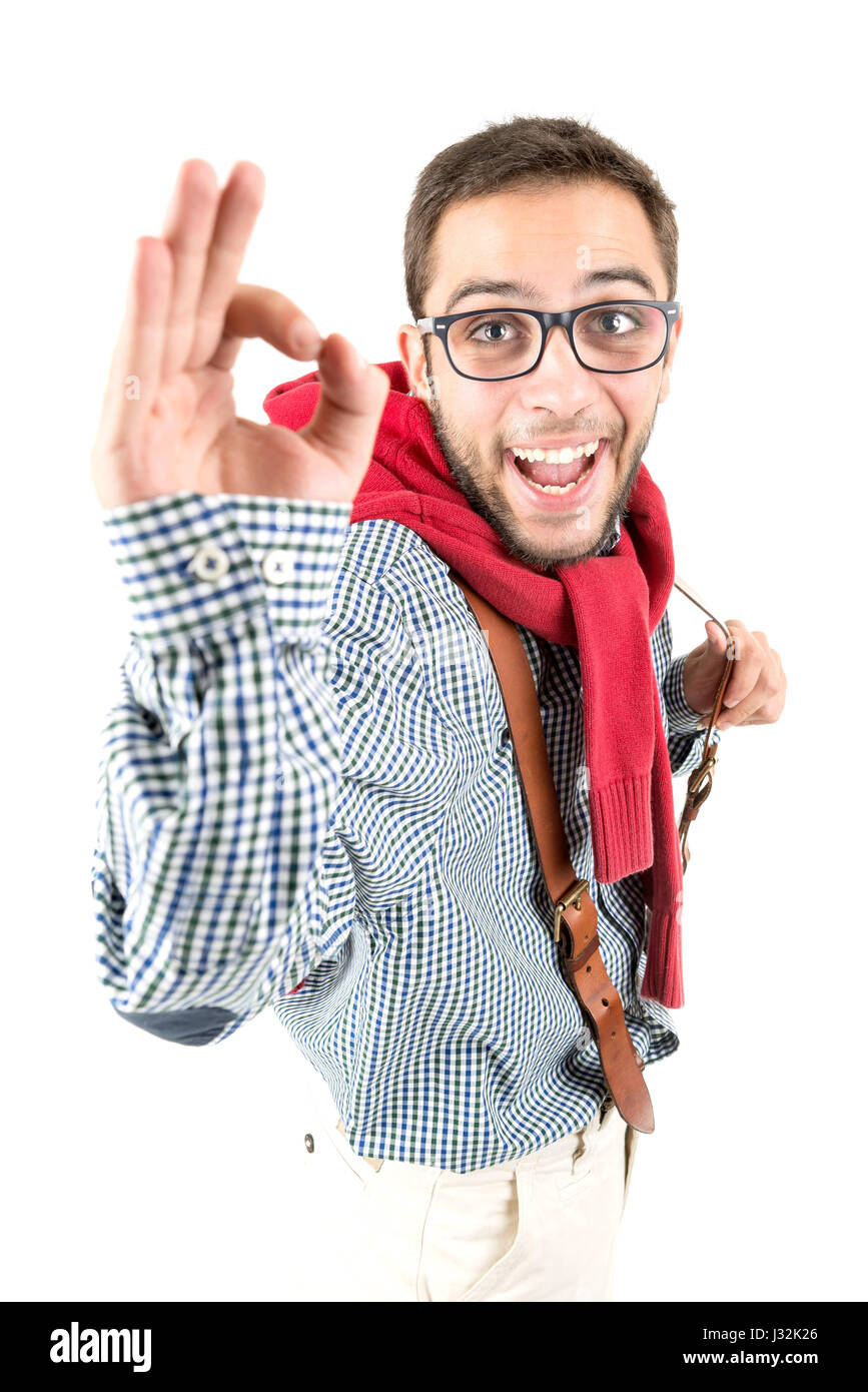Happy nerd posing isolated in a white background Stock Photo - Alamy