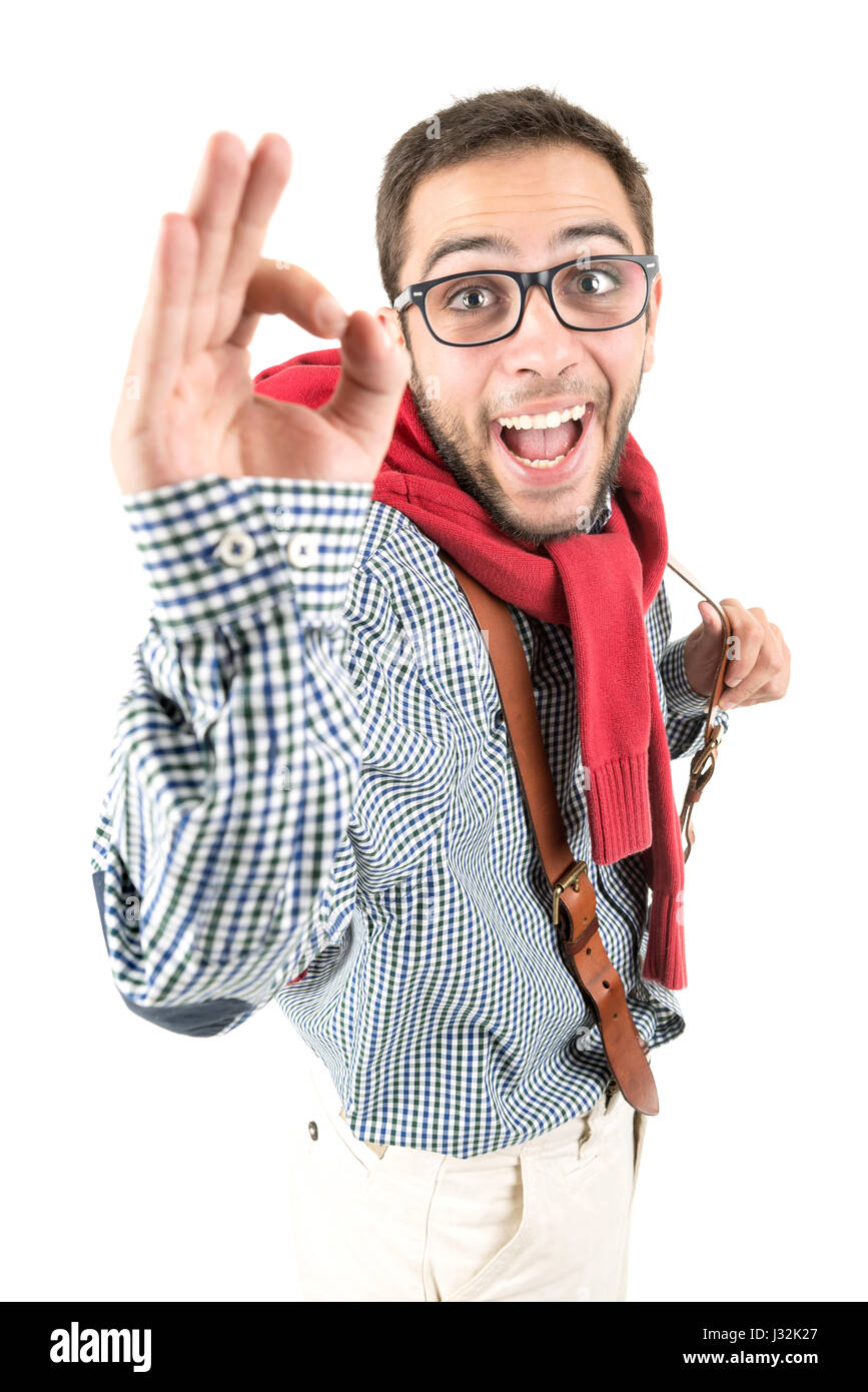 Happy nerd posing isolated in a white background Stock Photo - Alamy