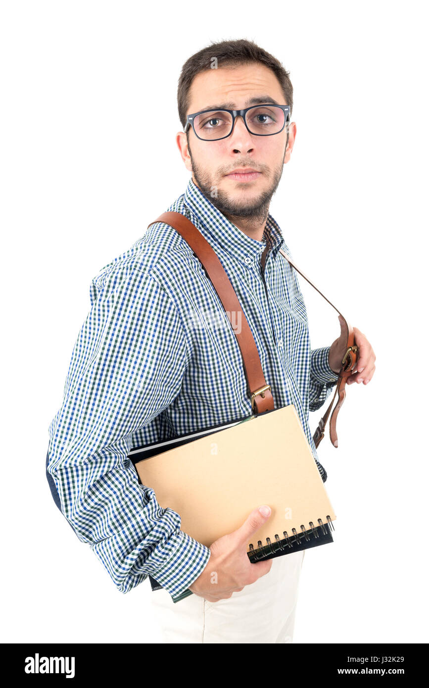 Nerd student posing with books against a white background Stock Photo ...