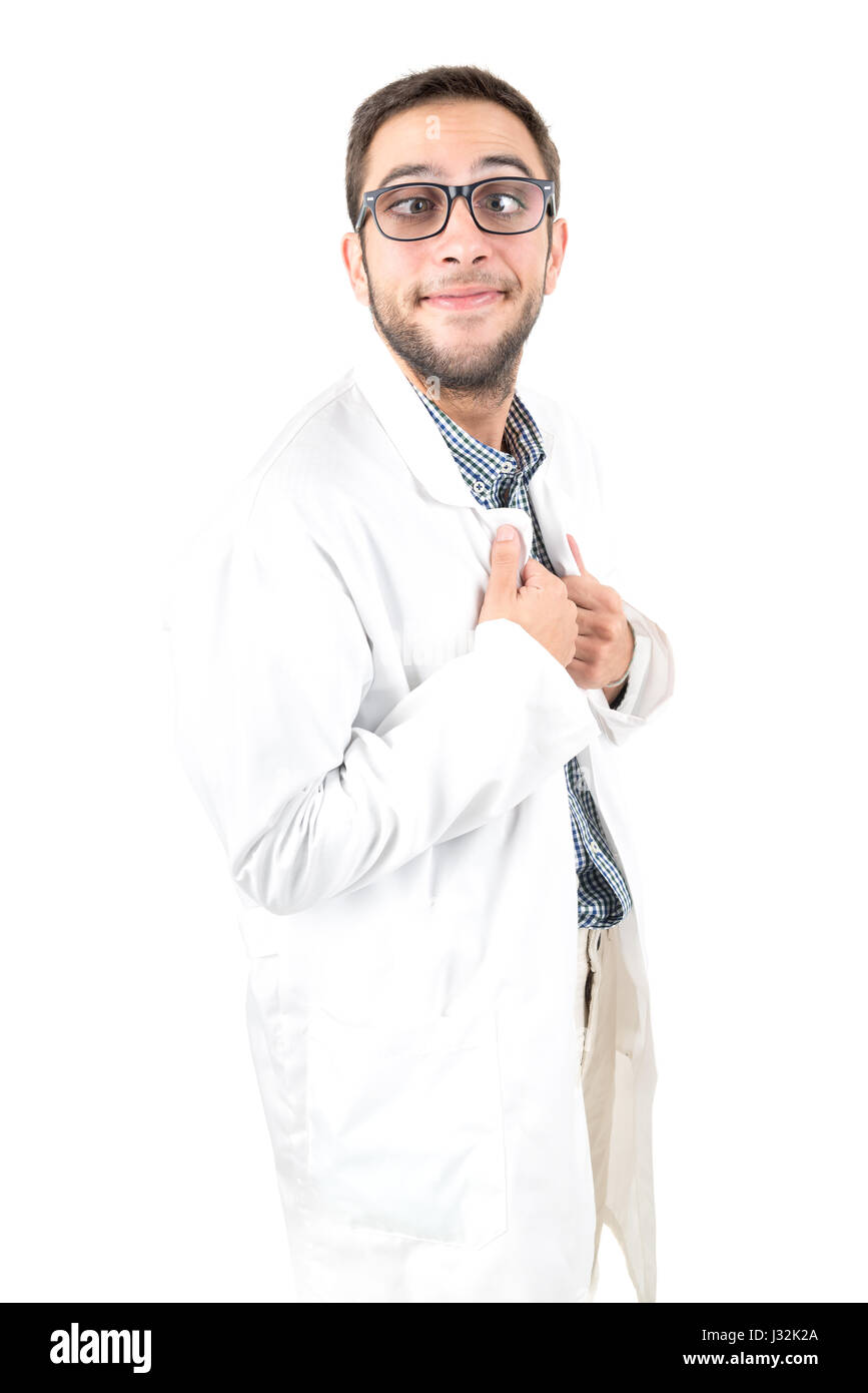 Nerd doctor posing isolated in a white background Stock Photo - Alamy