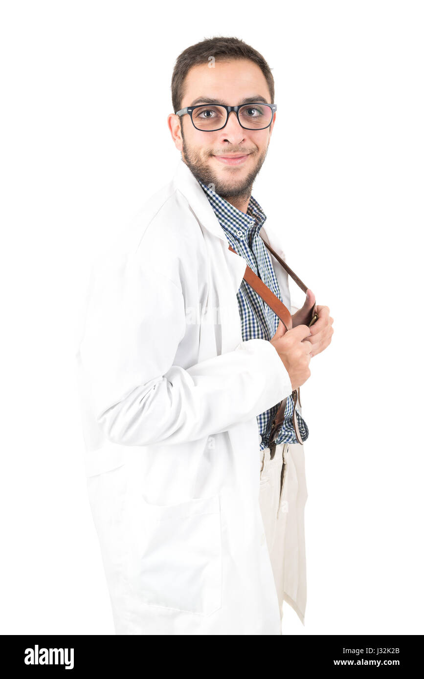Nerd doctor posing isolated in a white background Stock Photo - Alamy