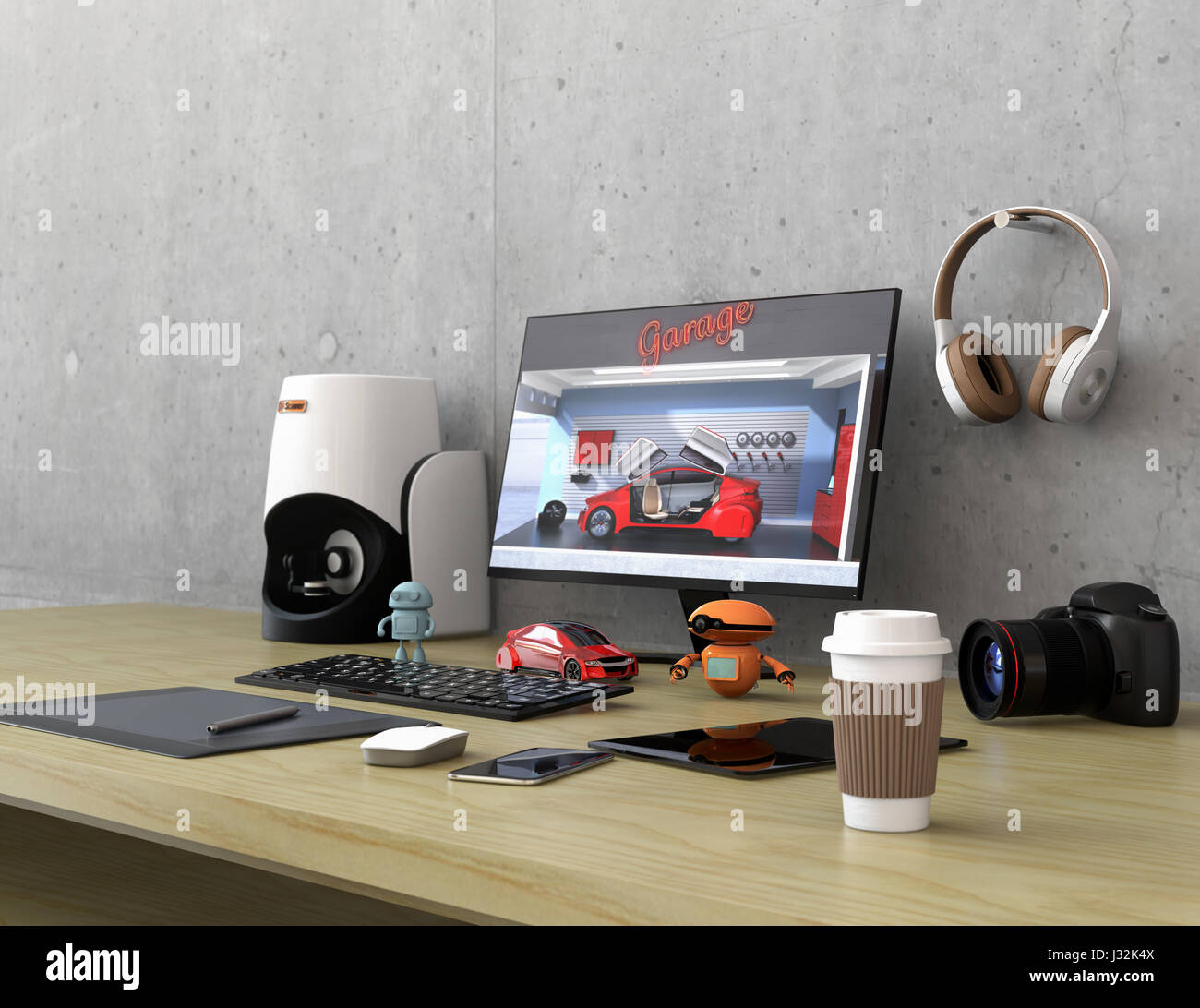 Product designer desktop with 3D scanner, digital graphic tablet, DSLR ...