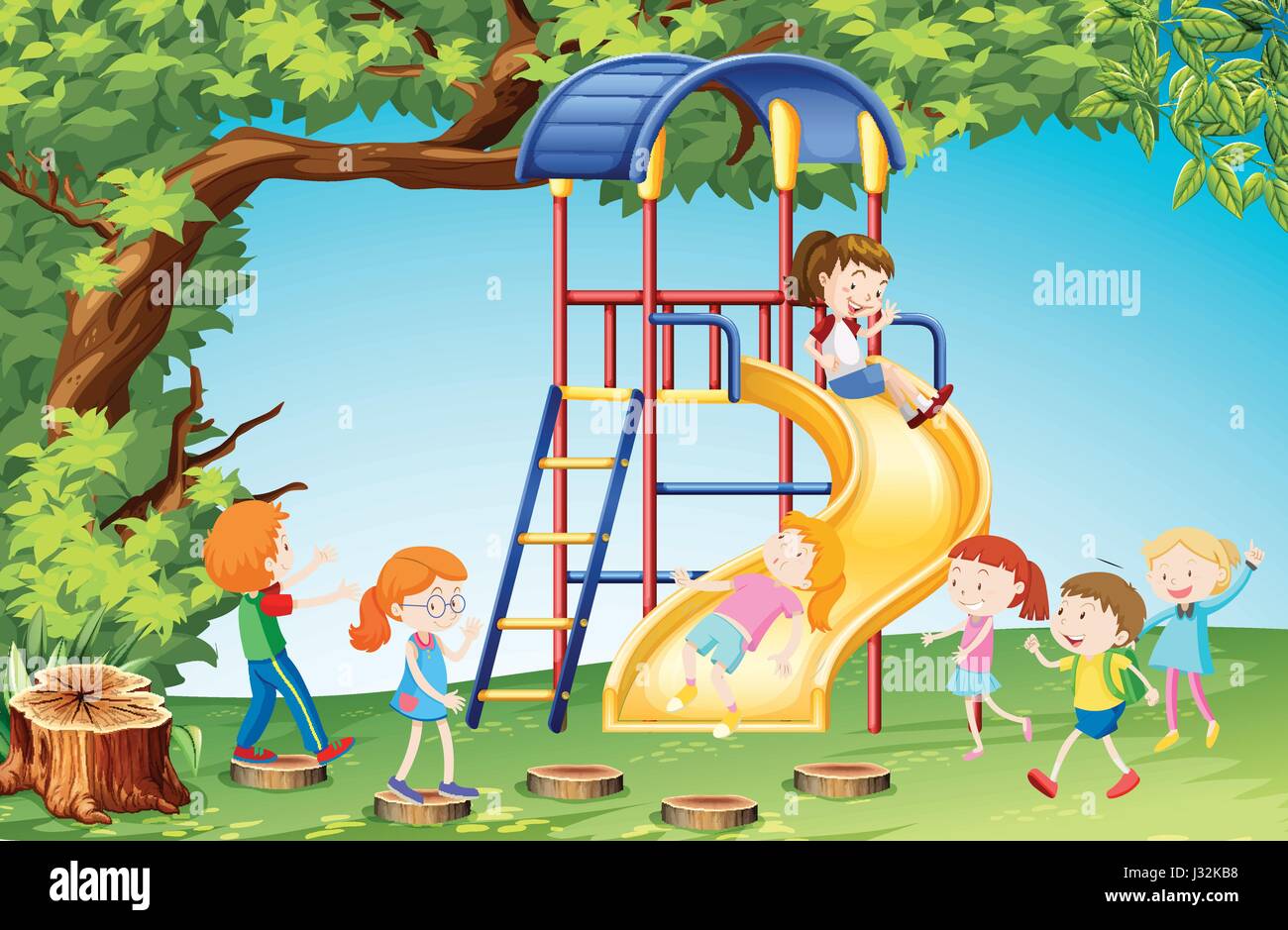 Children playing slide in playground illustration Stock Vector Image ...