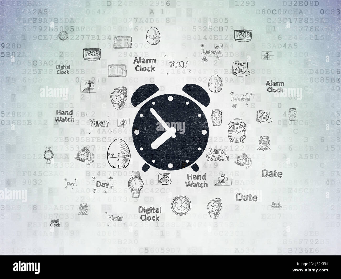 Timeline concept: Alarm Clock on Digital Data Paper background Stock ...