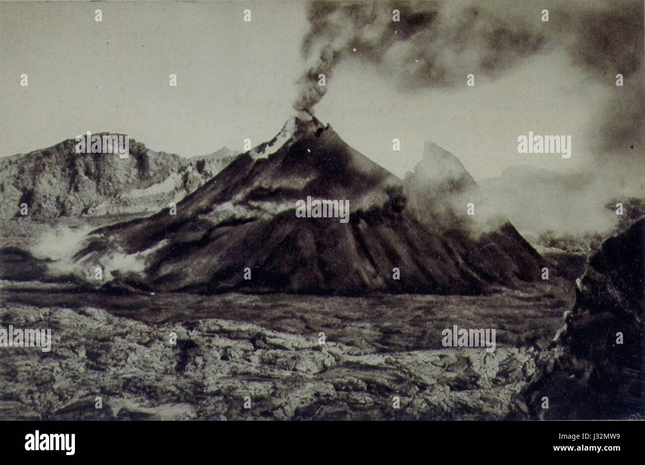 This image depicts an eruption of Mount Vesuvius, showing a cone-shaped ...
