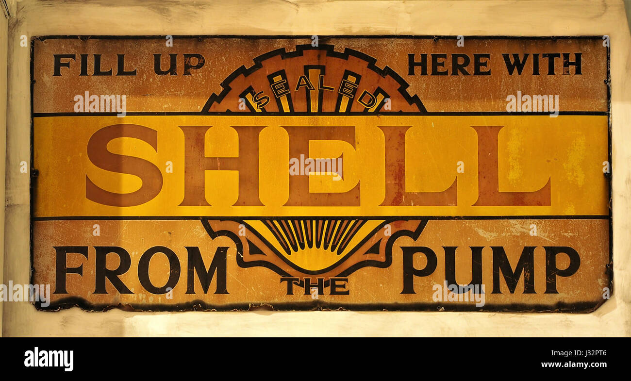 This Shell enamel advertisement, displayed at the Louwman Museum ...