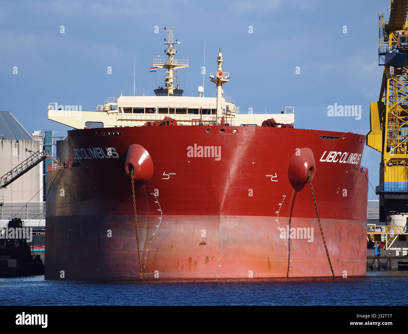 This image shows the UBC Olimbus, a cargo ship built in 2011, docked at ...