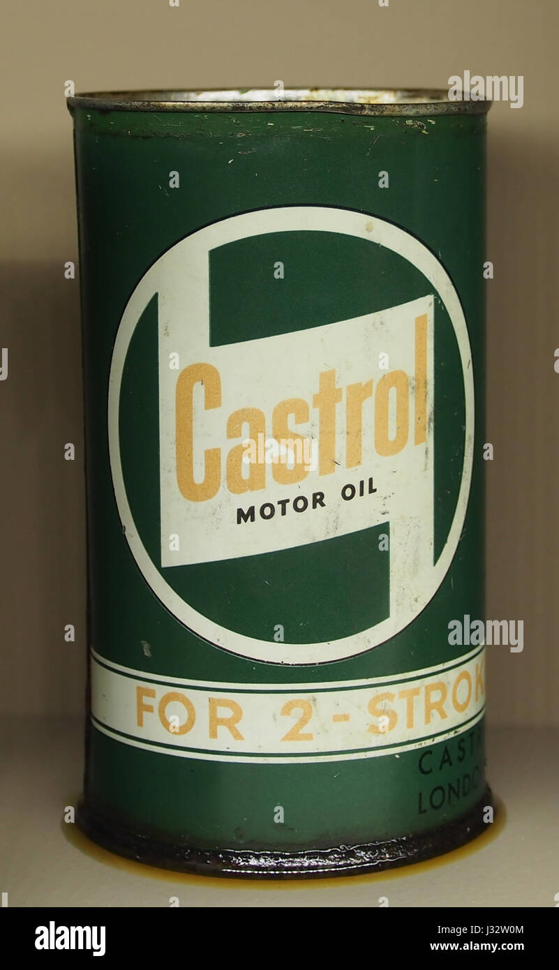 This image features a can of Castrol motor oil designed for two-stroke ...