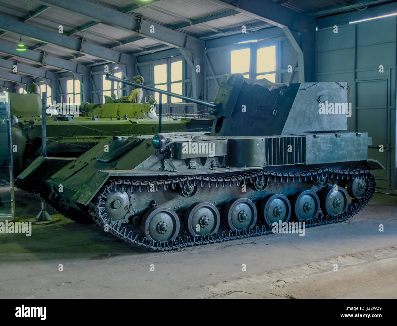 The ZSU-37 is a Soviet self-propelled anti-aircraft gun on display at the Kubinka Tank Museum in ...