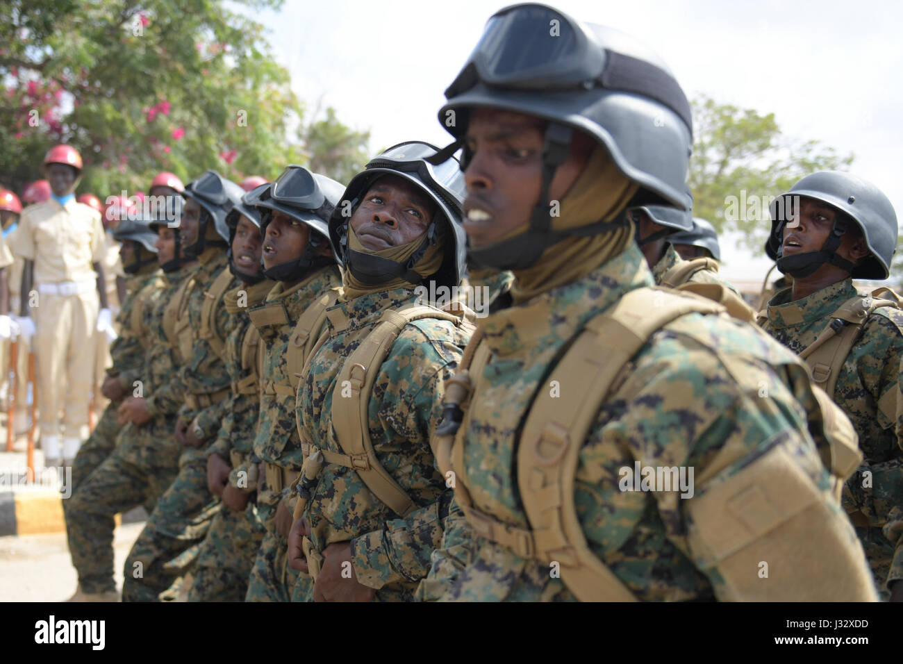 This image shows Somali National Army soldiers marching during the 57th ...