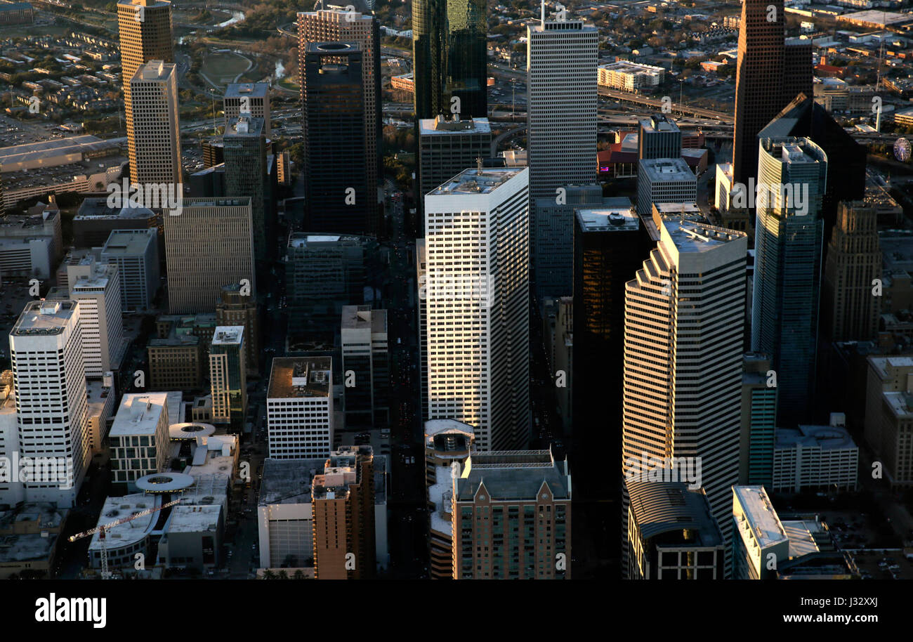 This image shows Downtown Houston during a flyover by a U.S. Customs ...