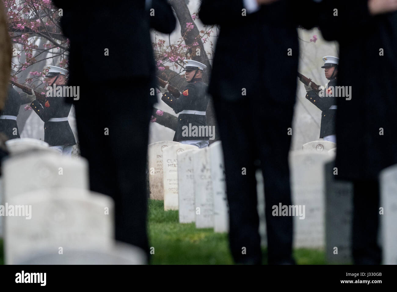 The traditional three-volley salute by seven service members took place ...