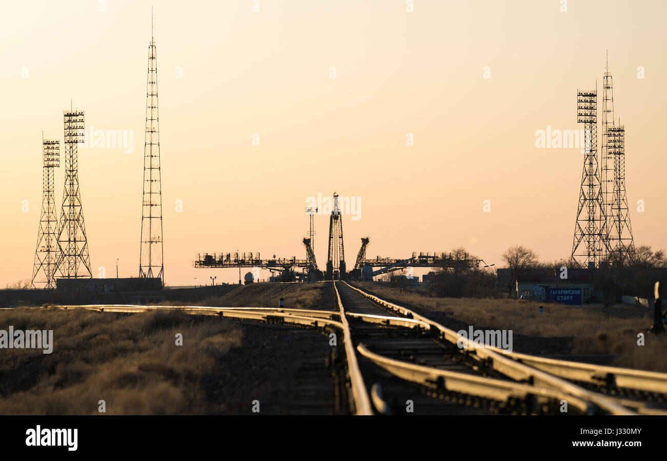 Launch Pad 1 is seen as the Soyuz MS-04 spacecraft is rolled out to the ...