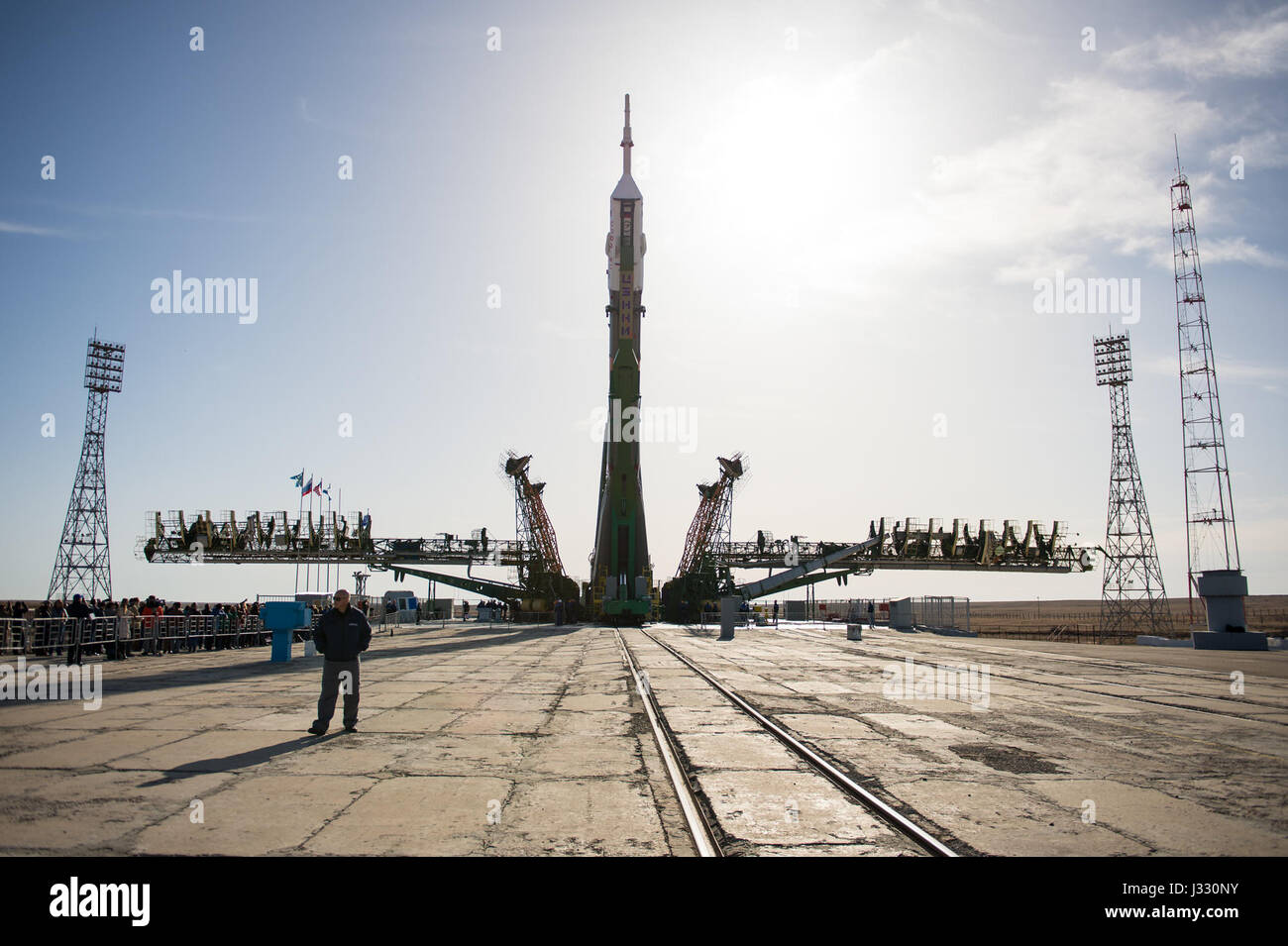 The Soyuz MS-04 spacecraft is prepared for launch at the Baikonur ...