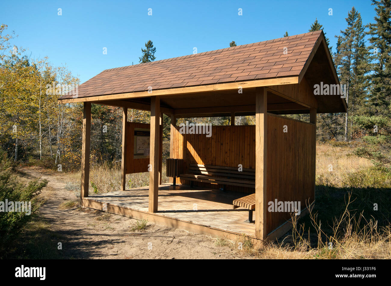 Wooden hut along the Spirit Sands trail, Spruce Woods Provincial Park ...