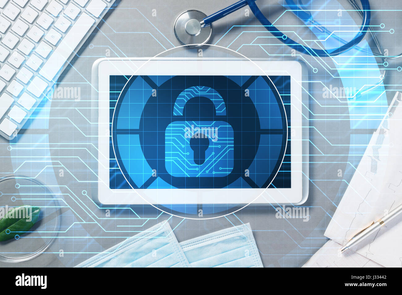 Top view of doctor workplace with tablet pc and medicine tools on ...