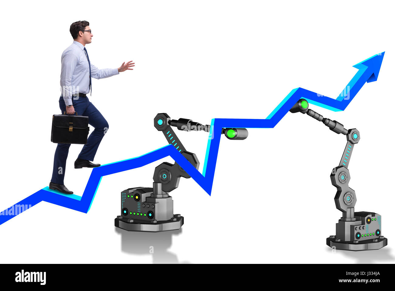 Businessman walking up the chart supported by robotic arm Stock Photo ...