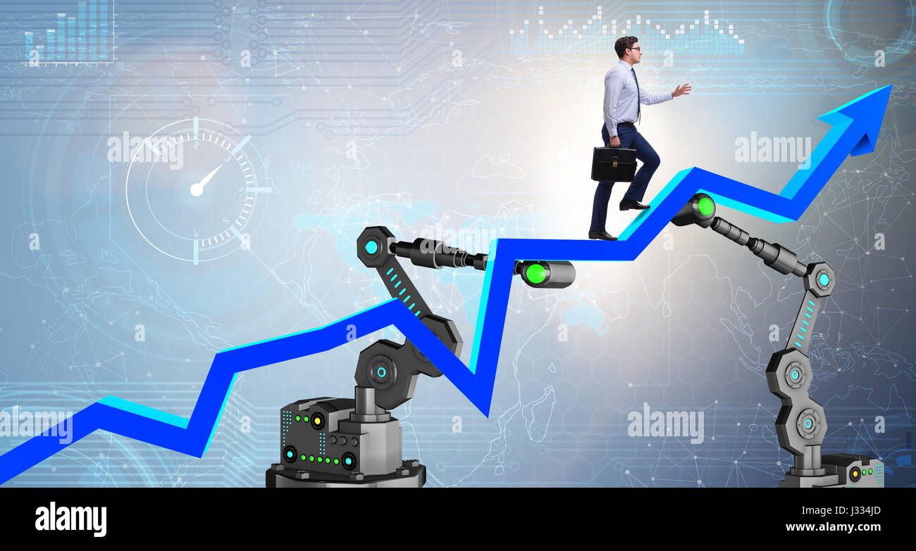 Businessman walking up the chart supported by robotic arm Stock Photo ...