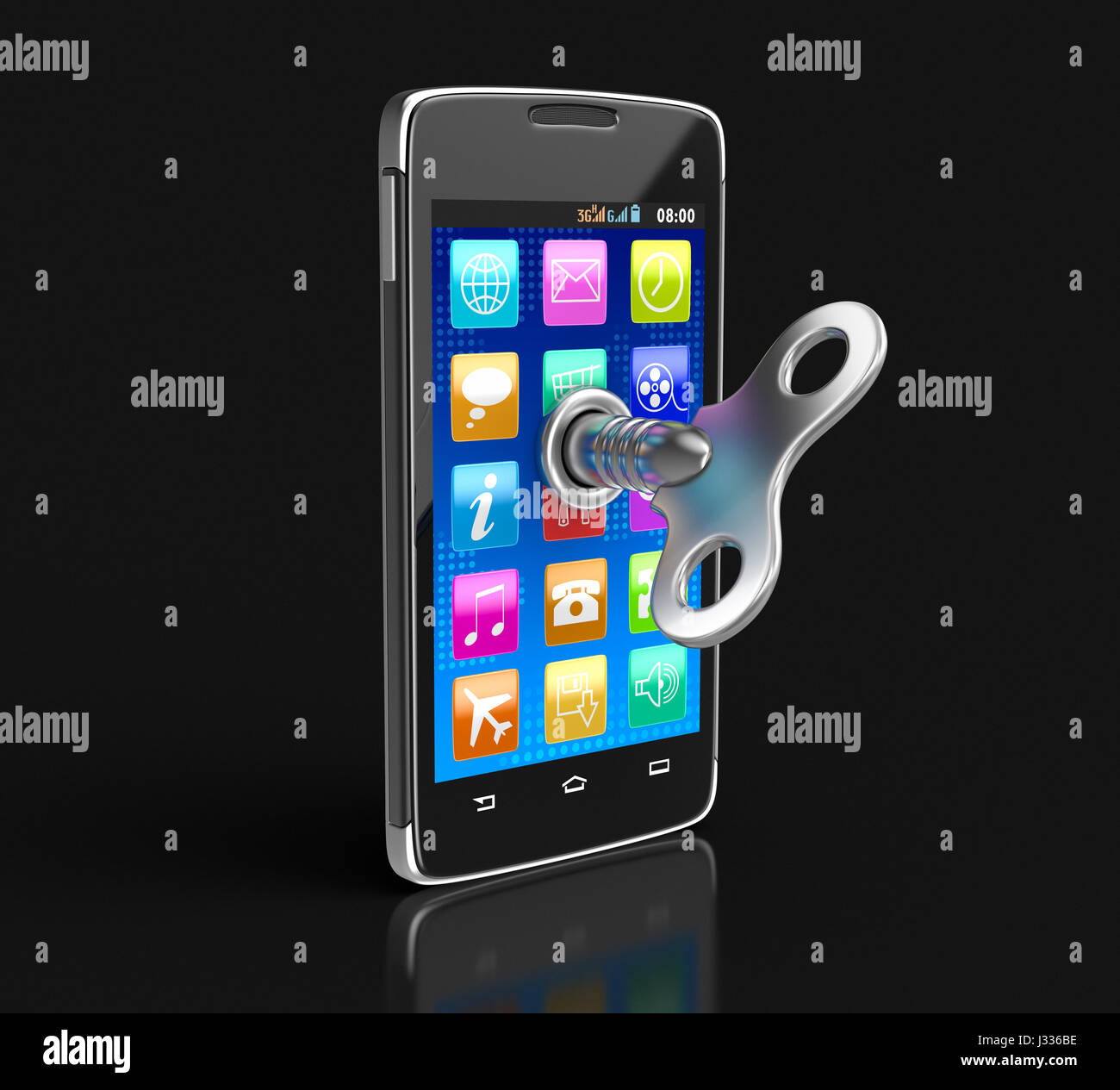 Touchscreen smartphone with winding key. Image with clipping path Stock ...