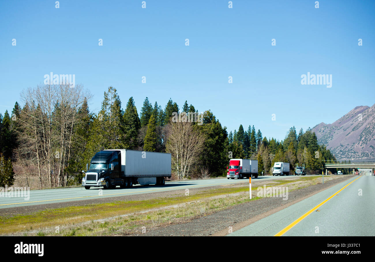 The chain of modern colorful semi trucks of different models and ...