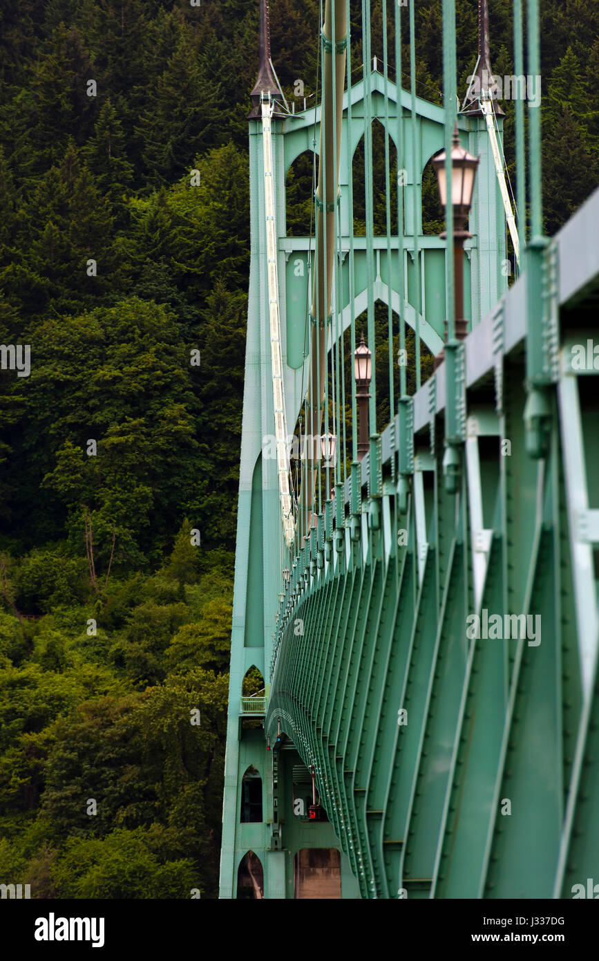 Green arched gothic St. Johns bridge on the green trees background in ...