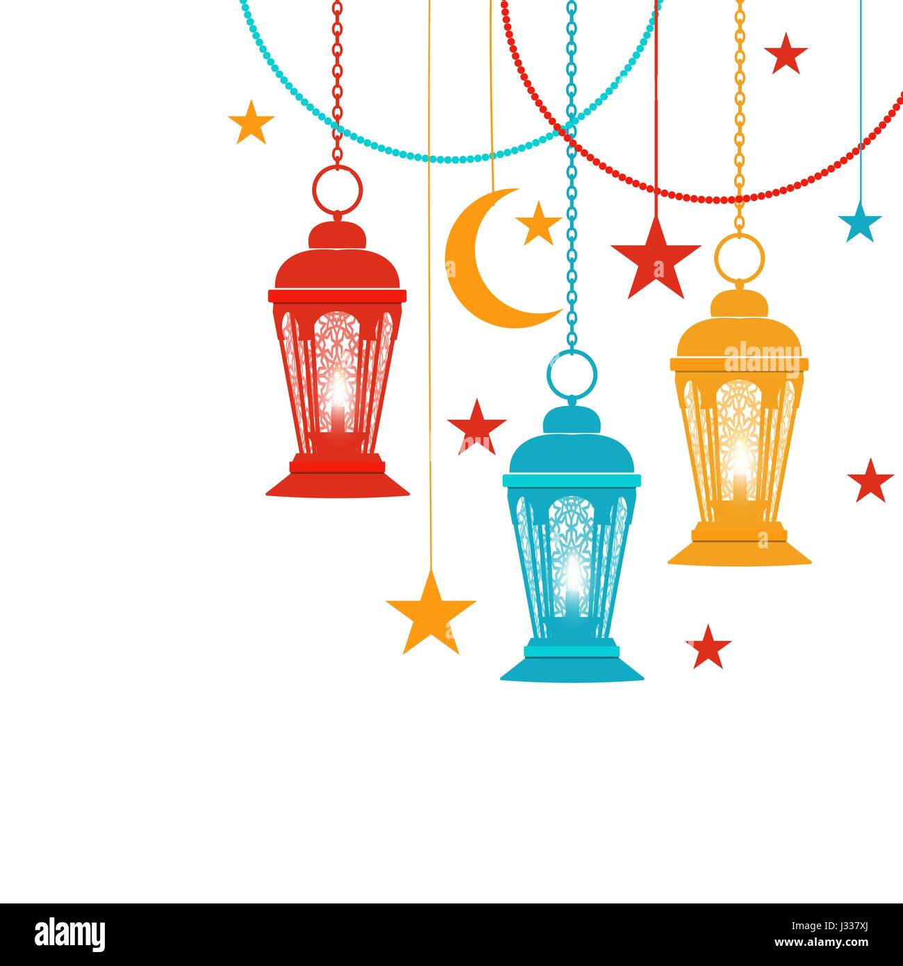 Ramadan Kareem. Trans-colored lanterns in oriental style hang on chains ...