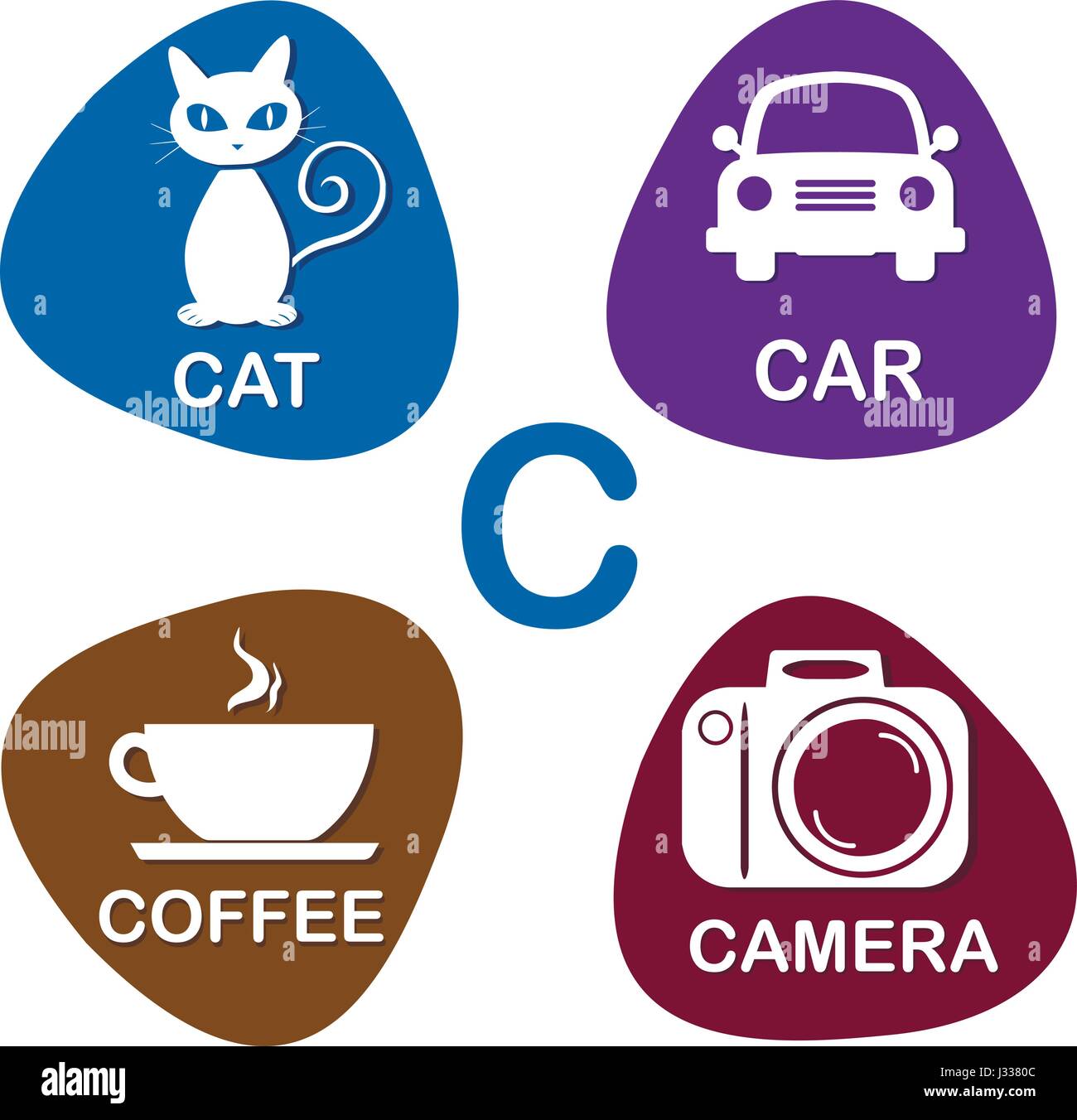 Cute alphabet in vector. C letter for Cat, Car, Coffee and Camera Stock ...