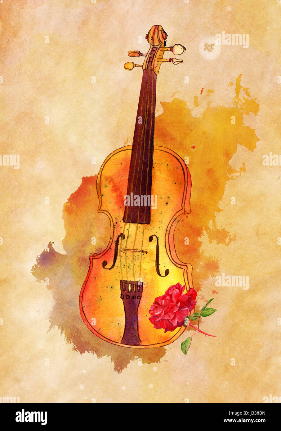 A watercolour and ink drawing of a violin with a red rose, with a ...