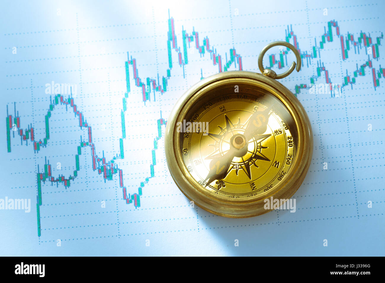 Compass on stock market data chart in closeup Stock Photo - Alamy