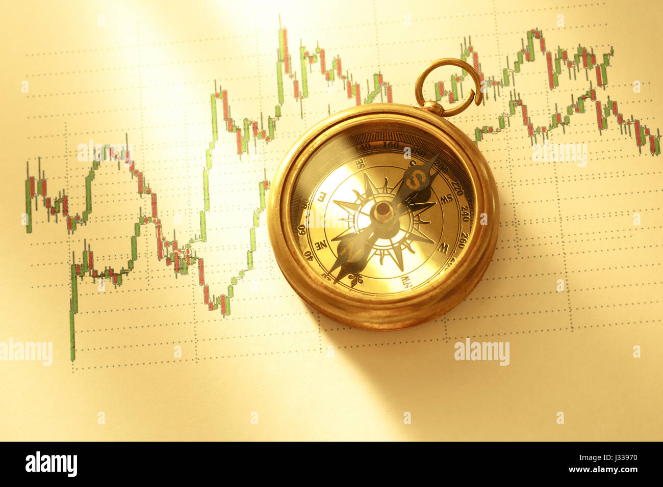 Compass on stock market data chart in closeup Stock Photo - Alamy