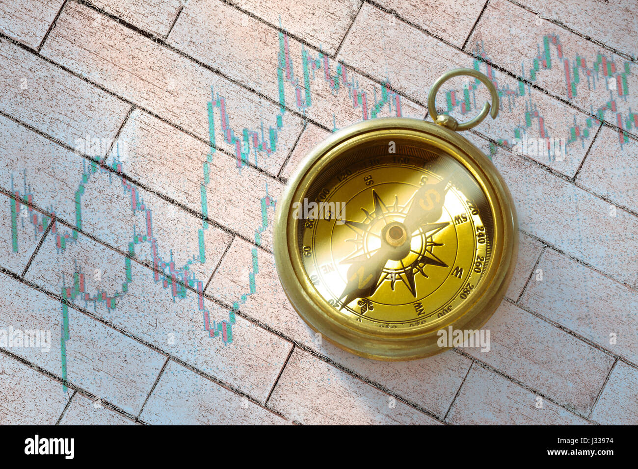 Compass on stock market data chart in closeup Stock Photo - Alamy