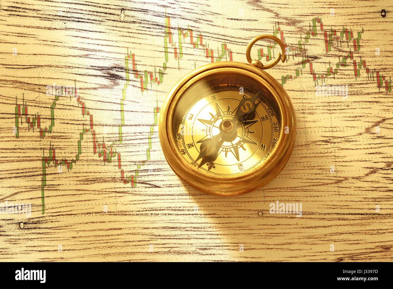 Compass on stock market data chart in closeup Stock Photo - Alamy