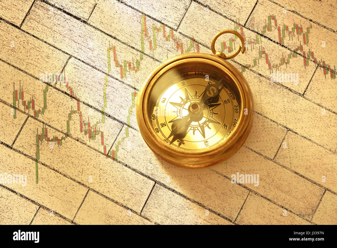Compass on stock market data chart in closeup Stock Photo - Alamy