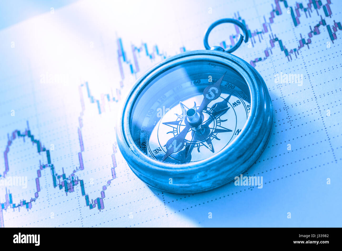 Compass on stock market data chart in closeup Stock Photo - Alamy
