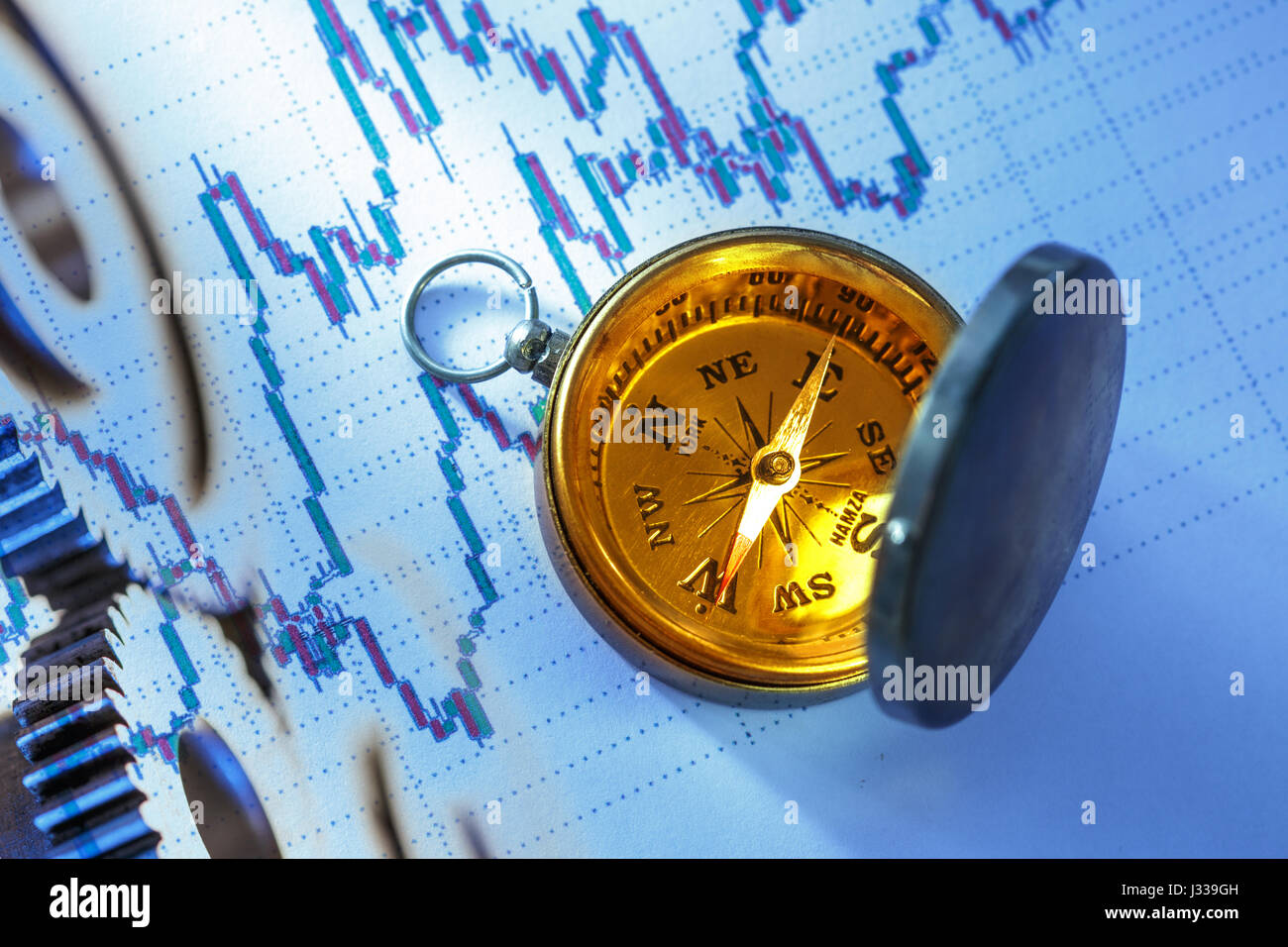 Compass on stock market data chart in closeup Stock Photo - Alamy