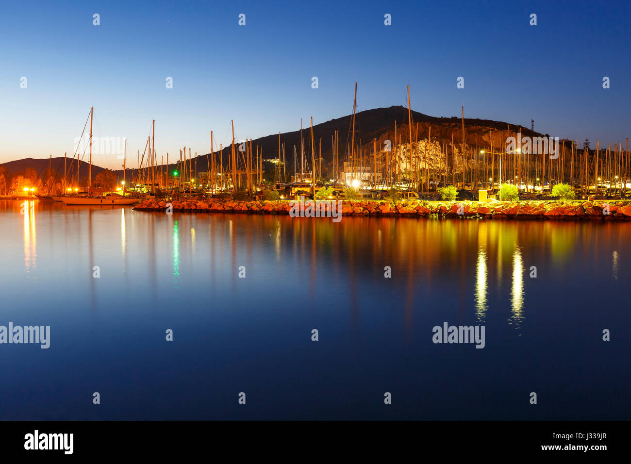 View of a marina in Lakki village on Leros island in Greece early in ...