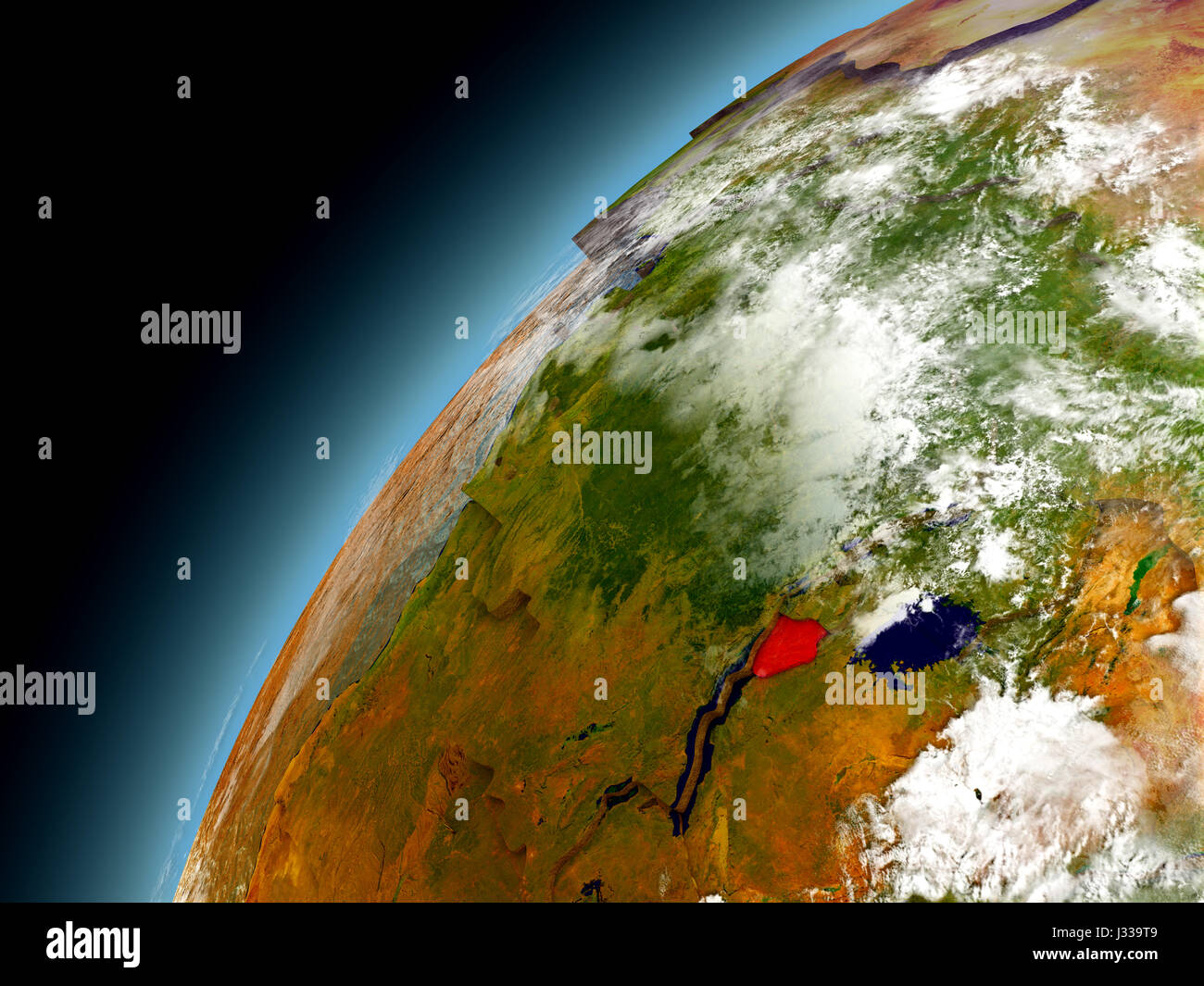 Burundi as seen from orbit on model of Earth. 3D illustration with ...