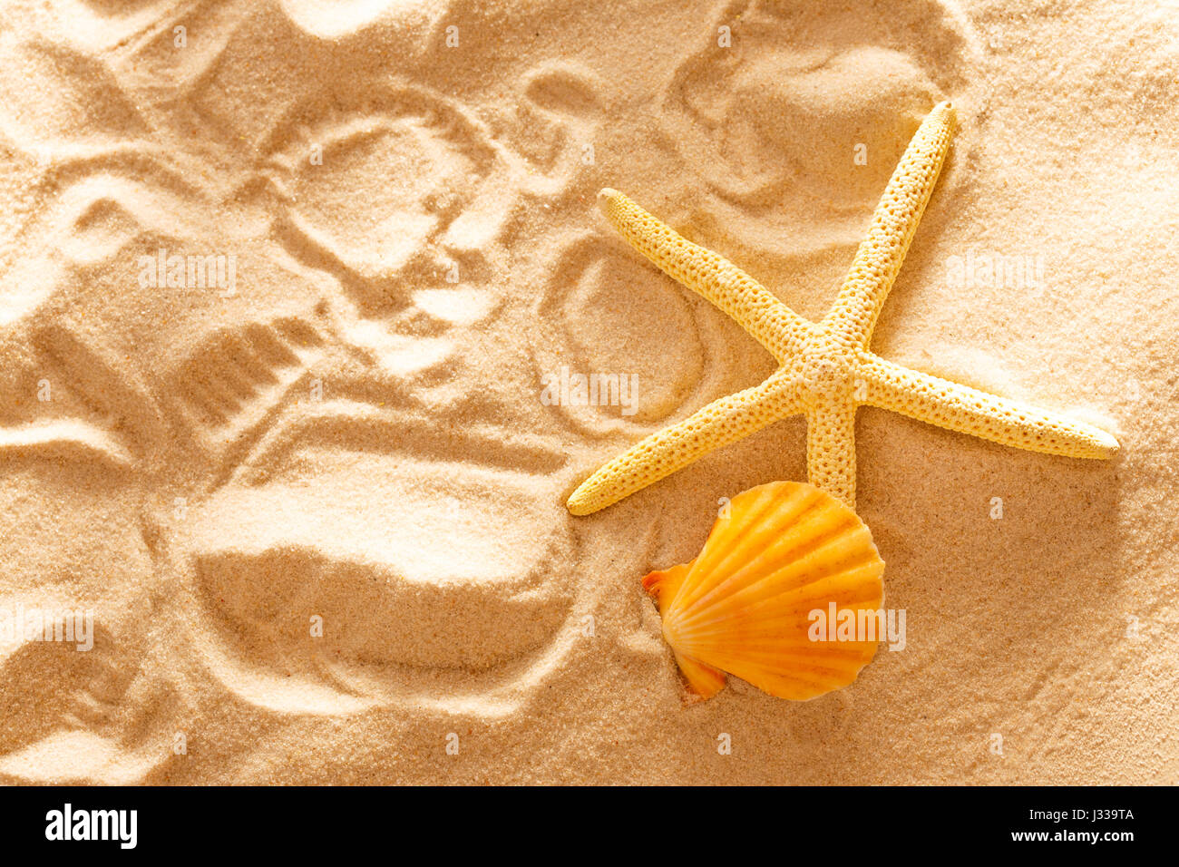 Sea star, shell and prints on sand in light Stock Photo - Alamy