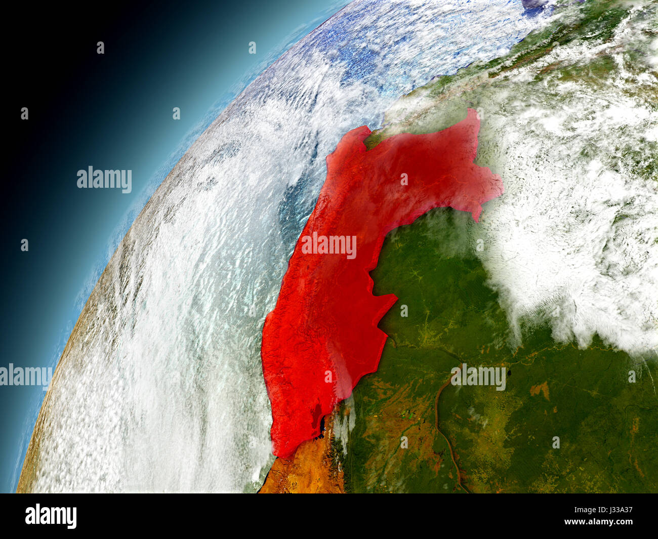 Peru as seen from orbit on model of Earth. 3D illustration with ...