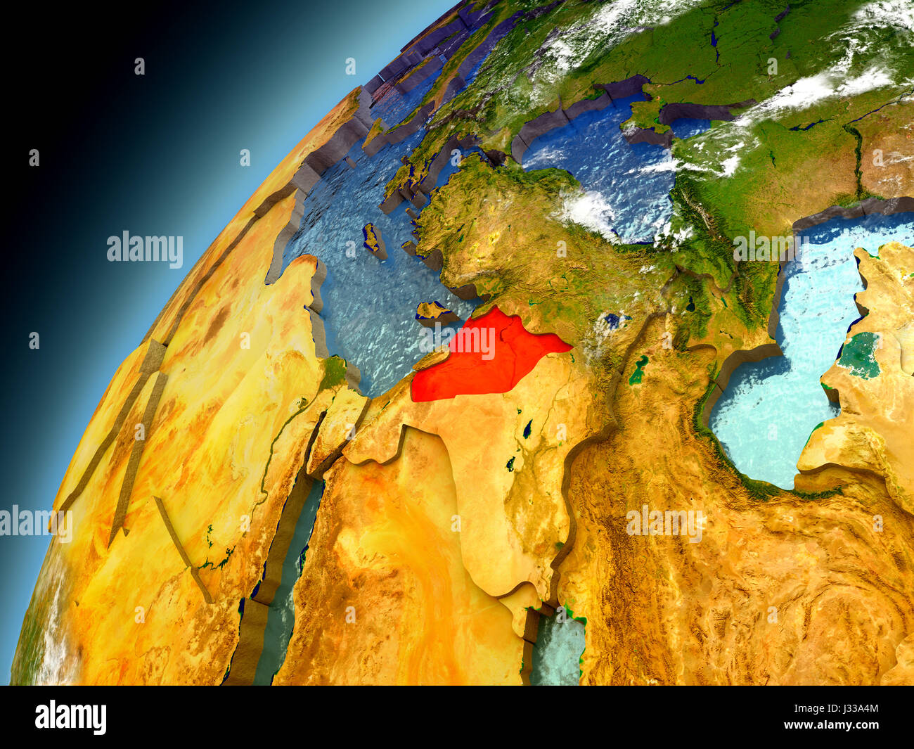 Syria as seen from orbit on model of Earth. 3D illustration with ...