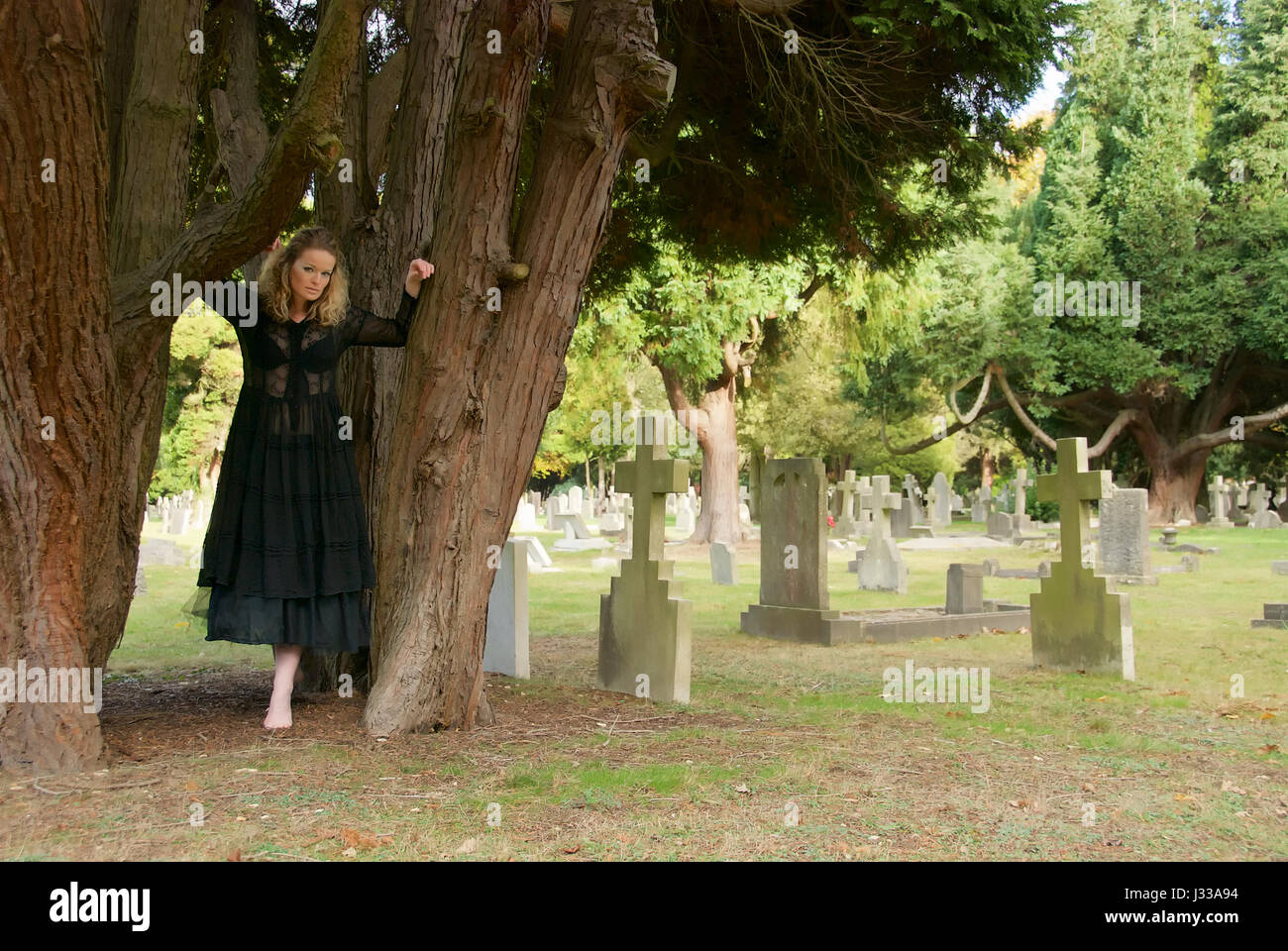 Beautiful blonde girl wearing a black dress in a graveyard Stock Photo ...