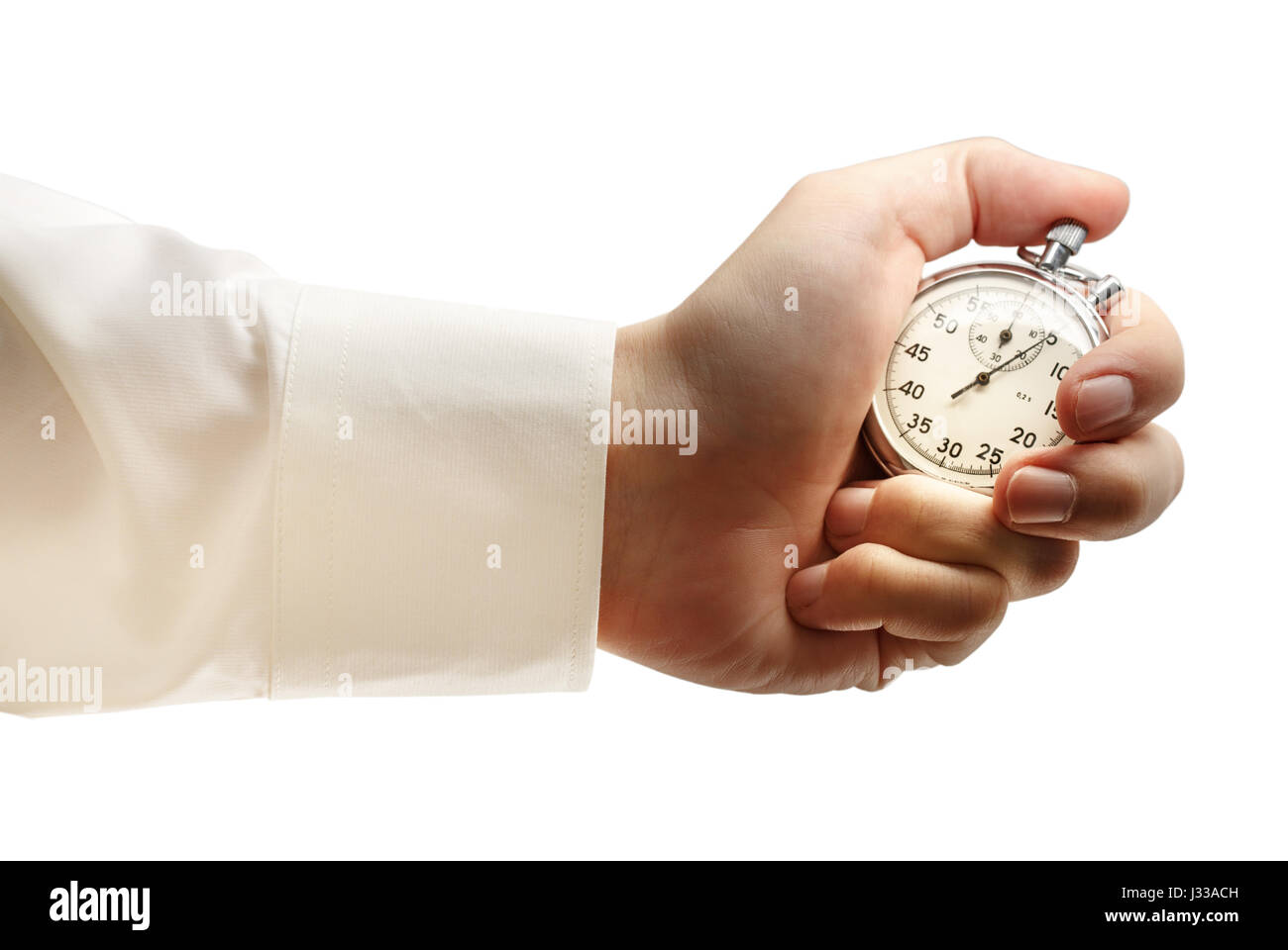 Stopwatch in male hand on white background Stock Photo - Alamy
