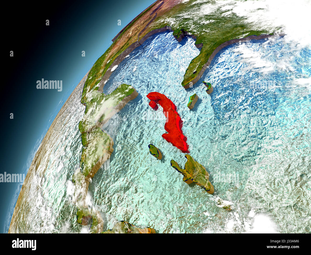 Cuba as seen from orbit on model of Earth. 3D illustration with ...
