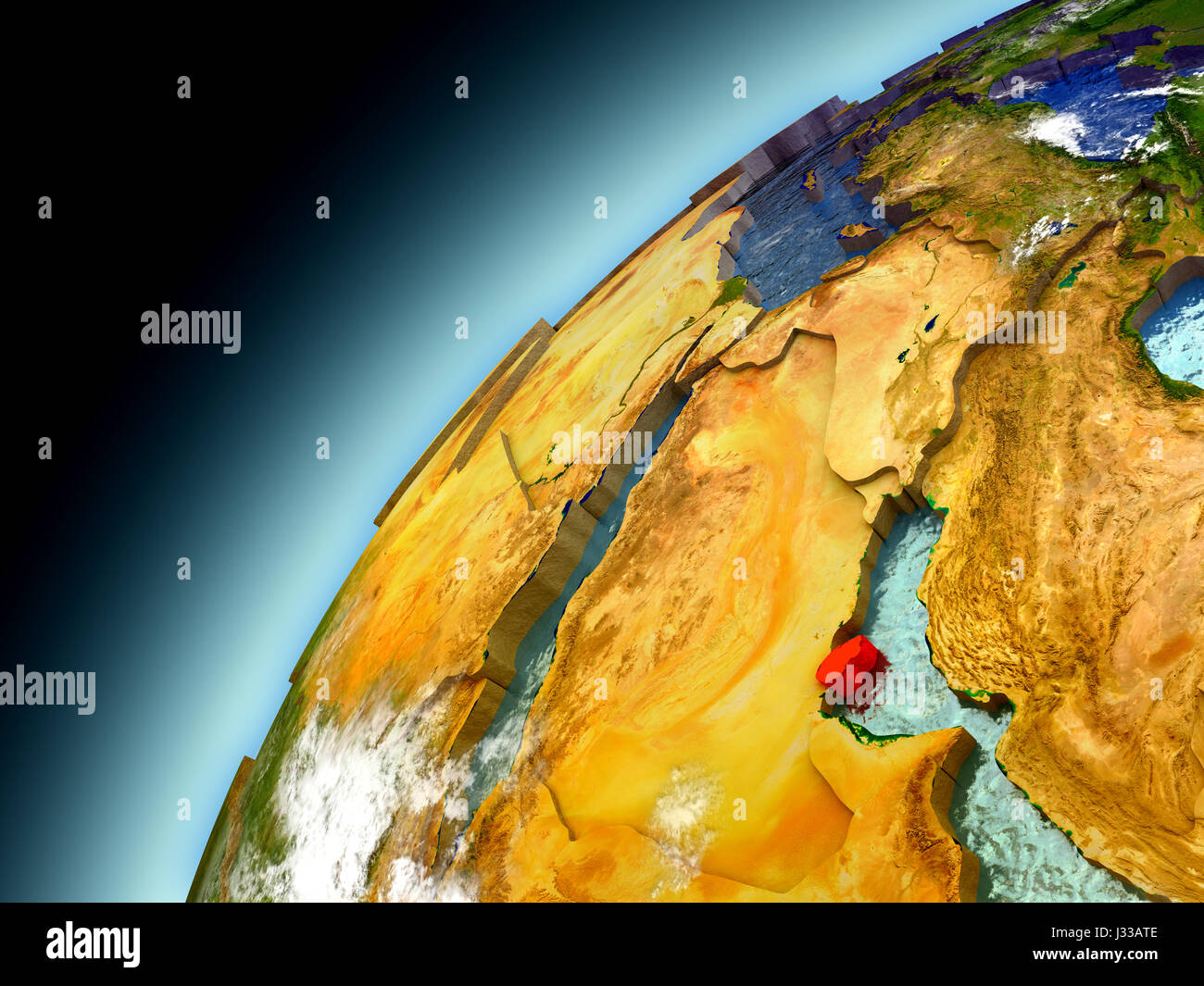 Qatar as seen from orbit on model of Earth. 3D illustration with ...