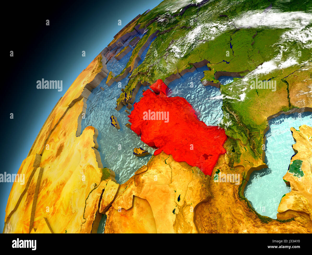 Turkey as seen from orbit on model of Earth. 3D illustration with ...