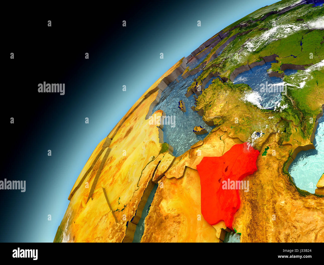 Iraq as seen from orbit on model of Earth. 3D illustration with ...